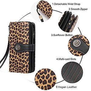 CLUCI Wallet for Women Leather Large Capacity Purse Wristlet Clutch RFID Blocking Credit Card Holder with ID Window Leopard