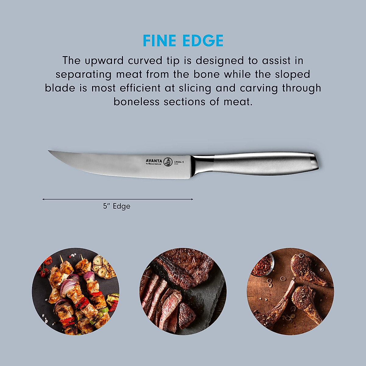 Messermeister Avanta 5” Fine Edge Steak Knife Set - German X50 Stainless Steel - Rust Resistant & Easy to Maintain - Includes 4 Steak Knives