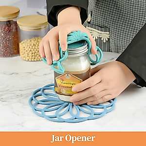 Kalsreui Trivets for Hot Dishes, Silicone Trivet Hot Pads for Kitchen Counter, Carved Silicone Trivets for Hot Pots and Pans, Heat Resistant Mat for Quartz, Teal Round Silicone Trivets Mats Pack 6