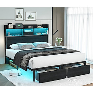 DOGIBIXO Queen Bed Frame with Storage Bookcase Headboard and LED Lights, 51.2" Tall Metal Platform Bed Frames with Drawers & Charging Station, No Box Spring Needed, Easy Assembly, Noise Free, Black