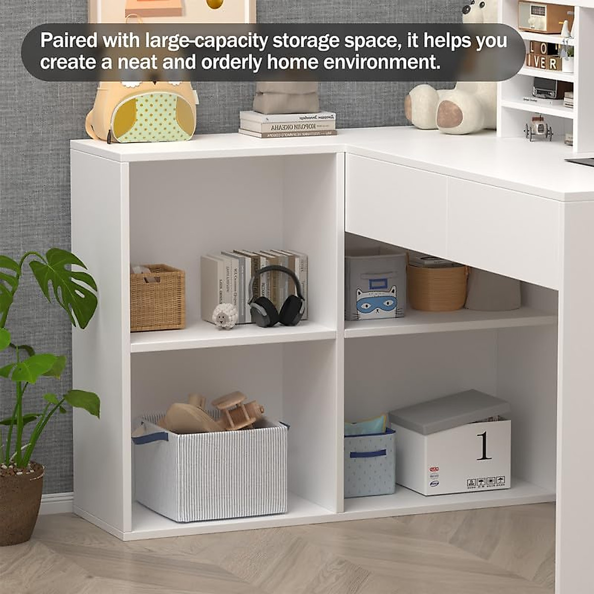 NKUGCFC 41in*31in White Kids Desk and Chair Set for 5-12 Year Old, KidsDesk with Bulletin Board, Kids Study Desk and Chair Set with Drawers and Shelves,Kids Corner Desk and Chair Set with Hunch