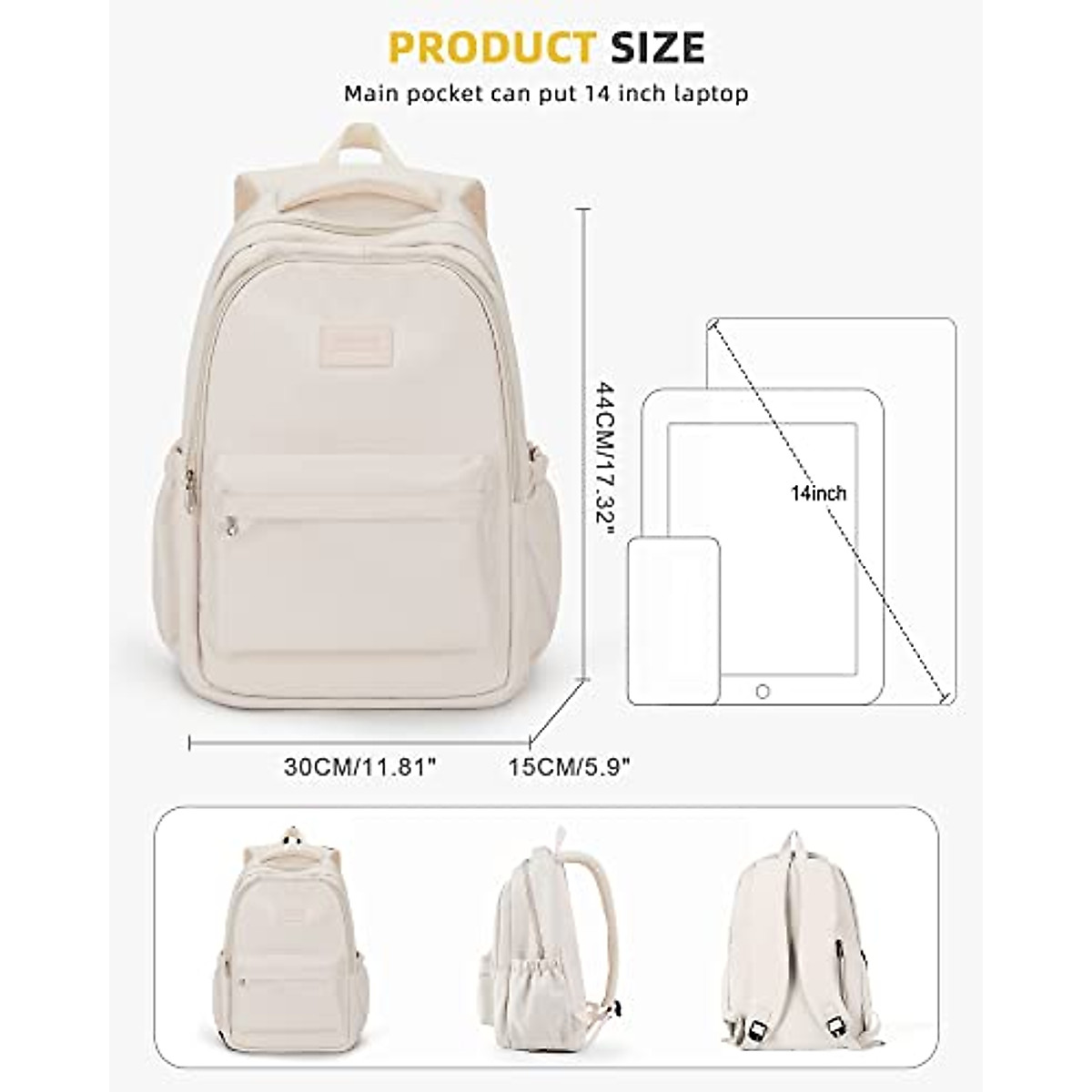 Lightweight School Backpack for Women Men, Laptop Travel Casual Daypack College Secondary School Bags Bookbag for Teenage Girls Boys, Beige