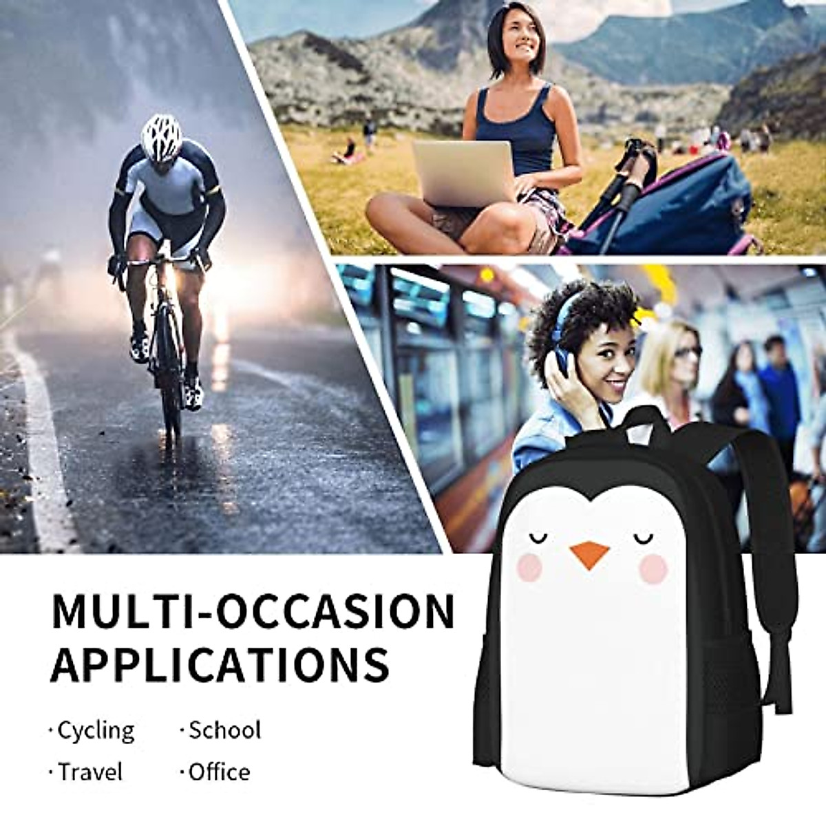 UIACOM Penguin School Backpack Cute Penguin Black White Pink Bookbag for Teens Kids Boys Girls, Large 17 inch Elementary Junior High University School Bag, Water Resistant Casual Travel Daypack