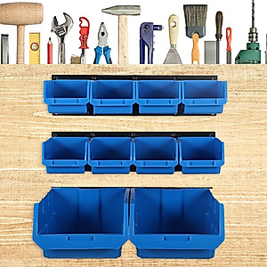 Wallmaster Wall Mounted Storage Bins, Wall Storage Bins Parts Rack 10 Bins&3 Rails Wall Mount Tool Organizer Hardware Storage Organizer (Blue)