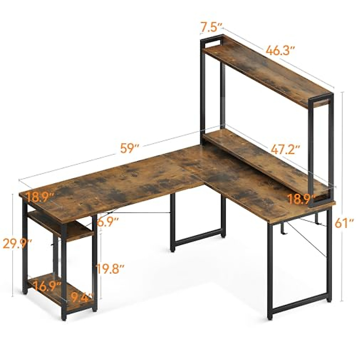 KKL L Shaped Desk with Hutch and Storage Shelves, 59" Inch Home Office Corner Computer Worstation Gaming Desk Rustic Brown