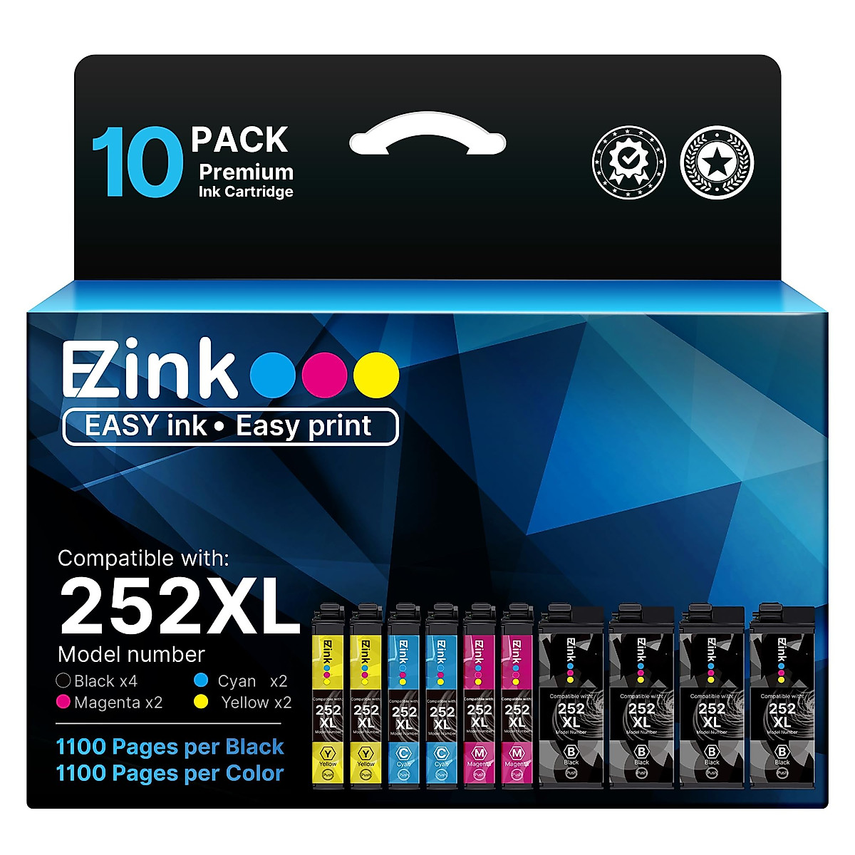 E-Z Ink (TM Remanufactured Ink Cartridge Replacement for Epson 252XL 252 XL Ink cartridges Combo Pack for Workforce WF-7110 WF-7710 WF-7720 WF-3640 WF-3620 (4 Large Black, 2 Cyan 2 Magenta 2 Yellow)