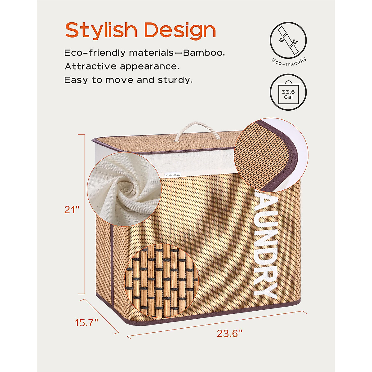 CASAMAYA Laundry Basket, 33.6 Gal (127L) Bamboo Laundry Hamper with 2 Section, Hamper with lid, Foldable, Removable and Machine Washable Liner, for Laundry Room, Bedroom, Natural LHB127Y01