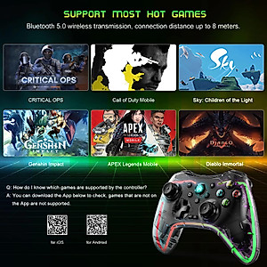 Joso Mobile Gaming Controller for iPhone/Android/PC/PS4 with RGB, Wireless Switch Controller with 6-Axis Gyro/Dual Vibration/Customized Buttons/Turbo, Transparent Mobile Gamepad with Phone Holder