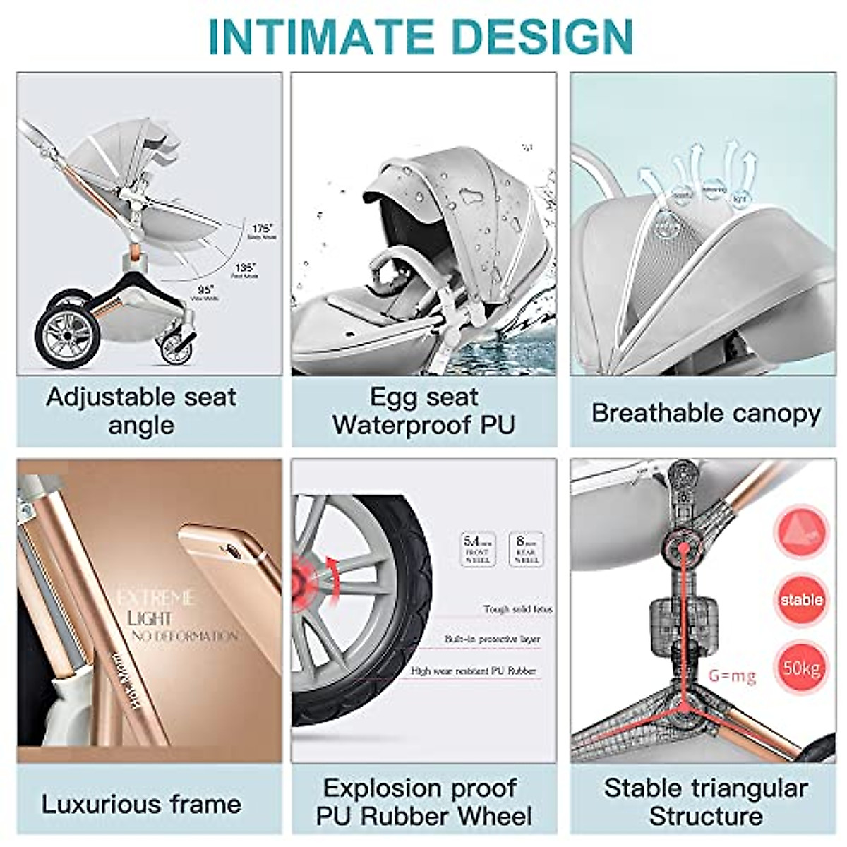 Hot Mom Baby Stroller 360 Degree Rotation Function, Pu Leather Baby Bassinet and Seat Combo Pushchai & Pram, Grey