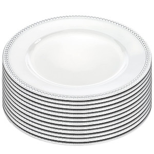 Okllen 12 Pack Plastic Round Charger Plates, 13" Dinner Chargers Decorative Plates with Beaded Rim, Embossed Charger Serving Plates for Wedding, Catering Event, Tabletop Decor, White