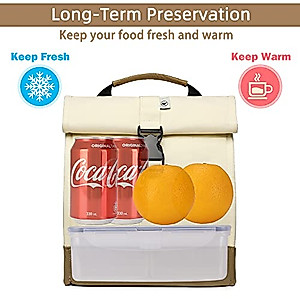 SUNNY BIRD Insulated Lunch Bag Rolltop Lunch Box Medium Lunch Cooler Tote for Women, Girls, Teens and Adults (White)