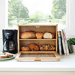 Laura's Green Kitchen Large Bread Box - Wood Bread Box with Clear Front Window - Farmhouse Style Bread Bin for Kitchen Counter - Double Layer Bread Storage Bin Holds 2 Loaves - Self-Assembly