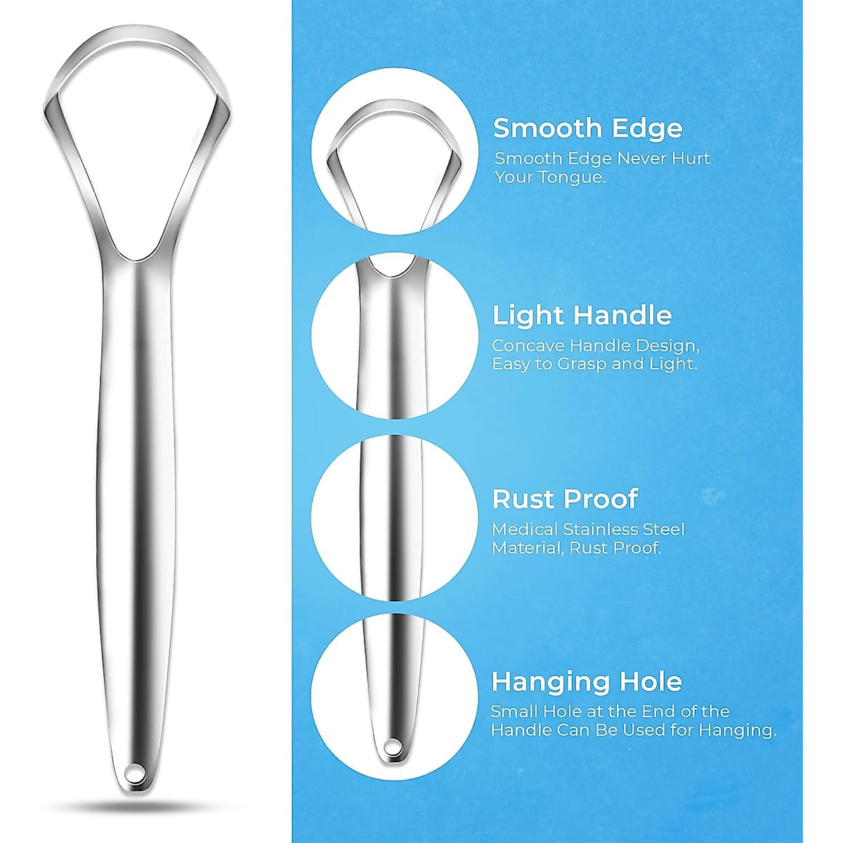 Tongue Scraper for Adults by HOKIN (2Pcs Oral Care Pack) Stainless Steel Tongue Cleaners Reduce Bad Breath 100% Metal Tough Scrapers Men and Women Hygiene Product