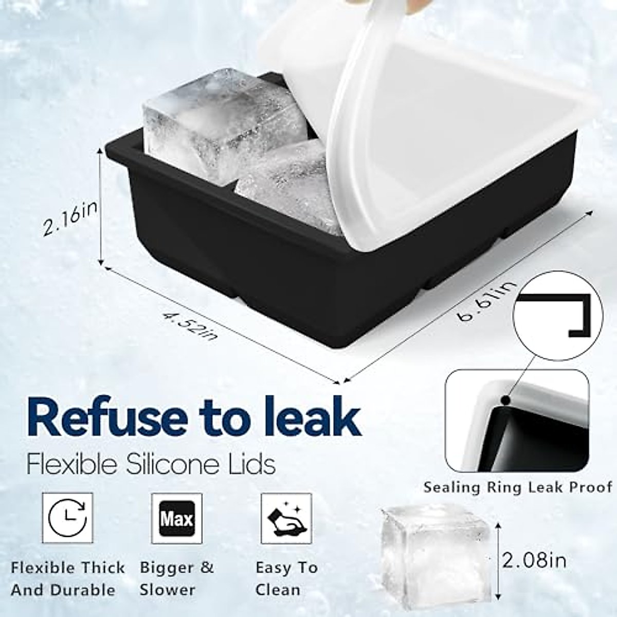 Ice Cube Tray, Silicone Large Ice Cube Molds for Freezer with Lid (4 Pcs), 6 Ball Ice Tray, 4 Diamond & 6-Ice Trays, Reusable Ice Mold for Whiskey ，Drinks，Juices and Cocktails. (Black)