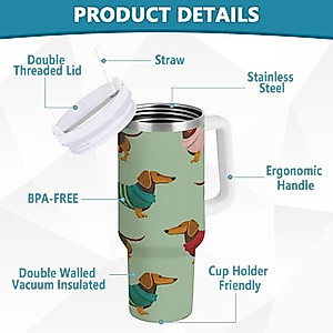 Jihqo Cute Dachshunds 40 oz Stainless Steel Vacuum Insulated Tumbler with Handle and Straw Lid, Leakproof Water Bottle Double Wall Travel Mug Coffee Cup, Cupholder Friendly