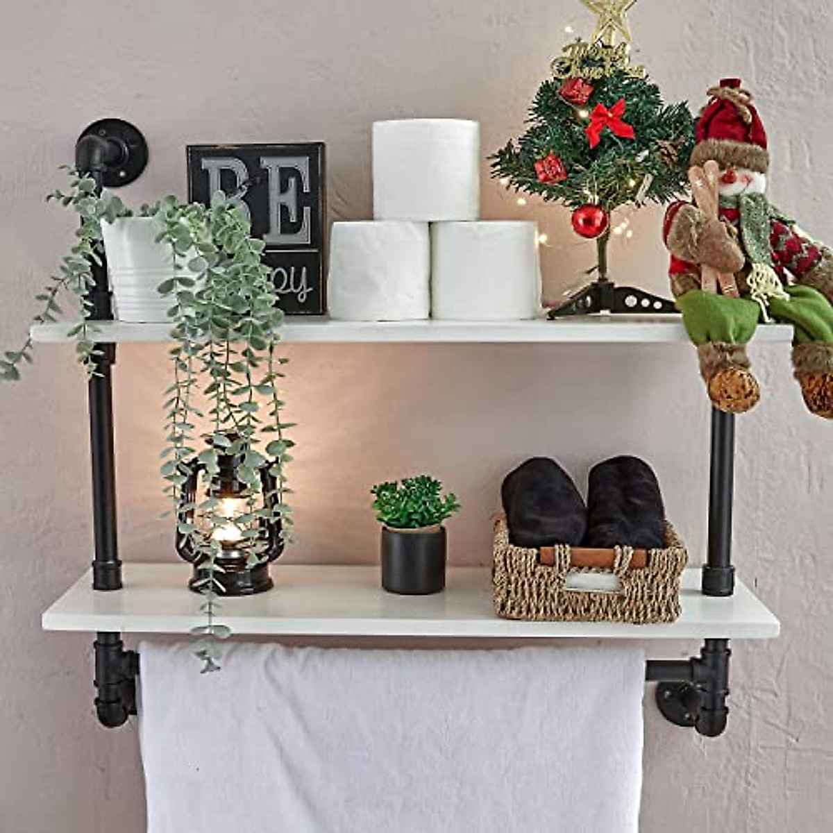 ROGMARS Industrial Pipe Shelving Floating Bathroom Shelves with Towel Bar Over Toilet,2 Tier 30 inch Retro White Rustic Farmhouse Pipe Wall Shelves for Kitchen Storage (30inch 2 Tier)