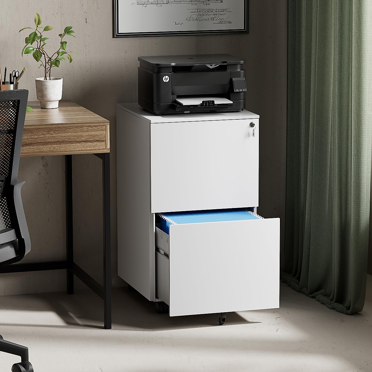 Warmiehomy Metal Mobile File Cabinets for Home Office 2 Drawer Filing Cabinet with Lock Rolling Office File Cabinet fits A4/Letter/Legal Size Fully Assembled (White)