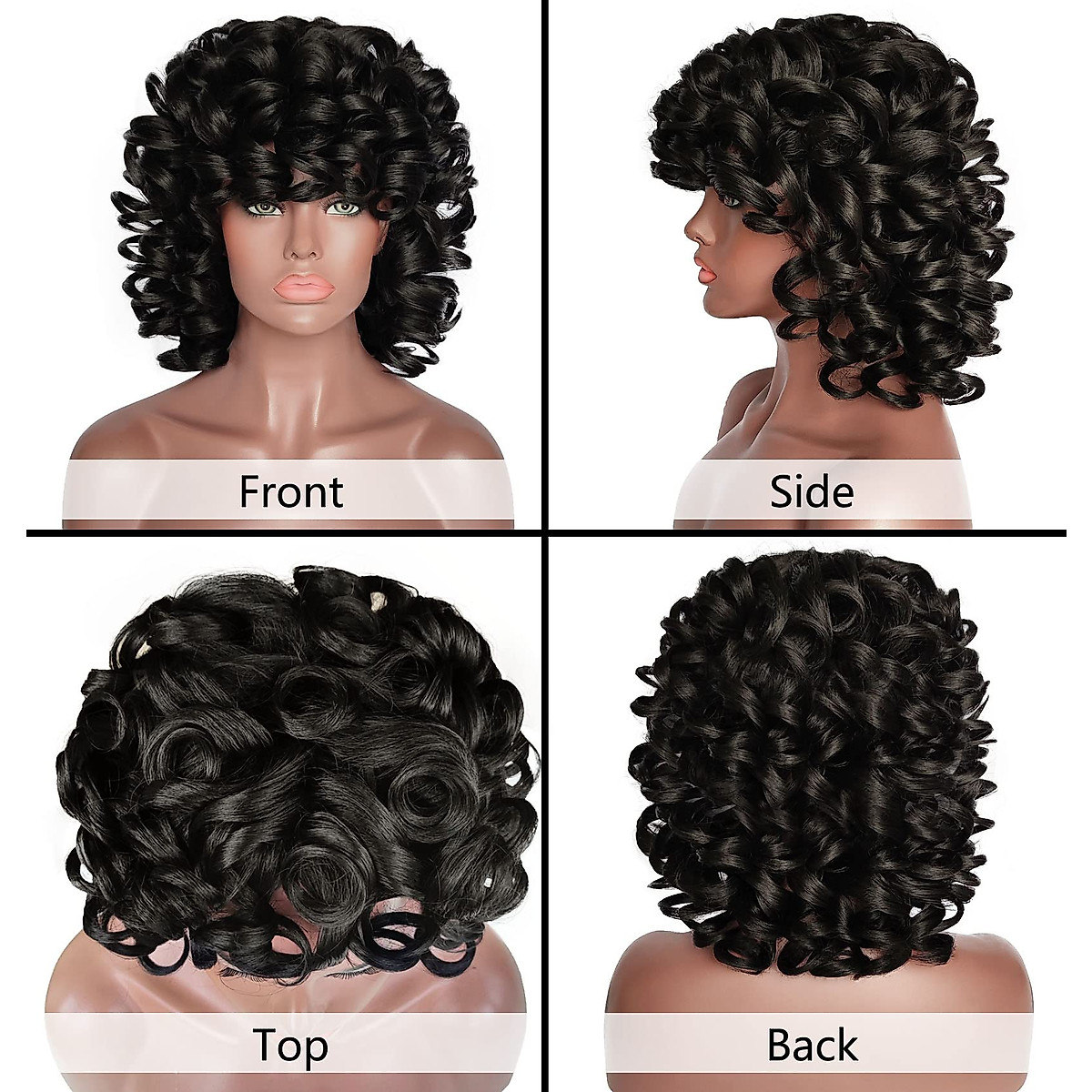 ELIM Curly Wigs for Black Women Short Kinky Curly Black Wigs for Women Big Curly Afro Soft Wig with Bangs Heat Resistant Natural Cute Synthetic Wig with Accessories Z014