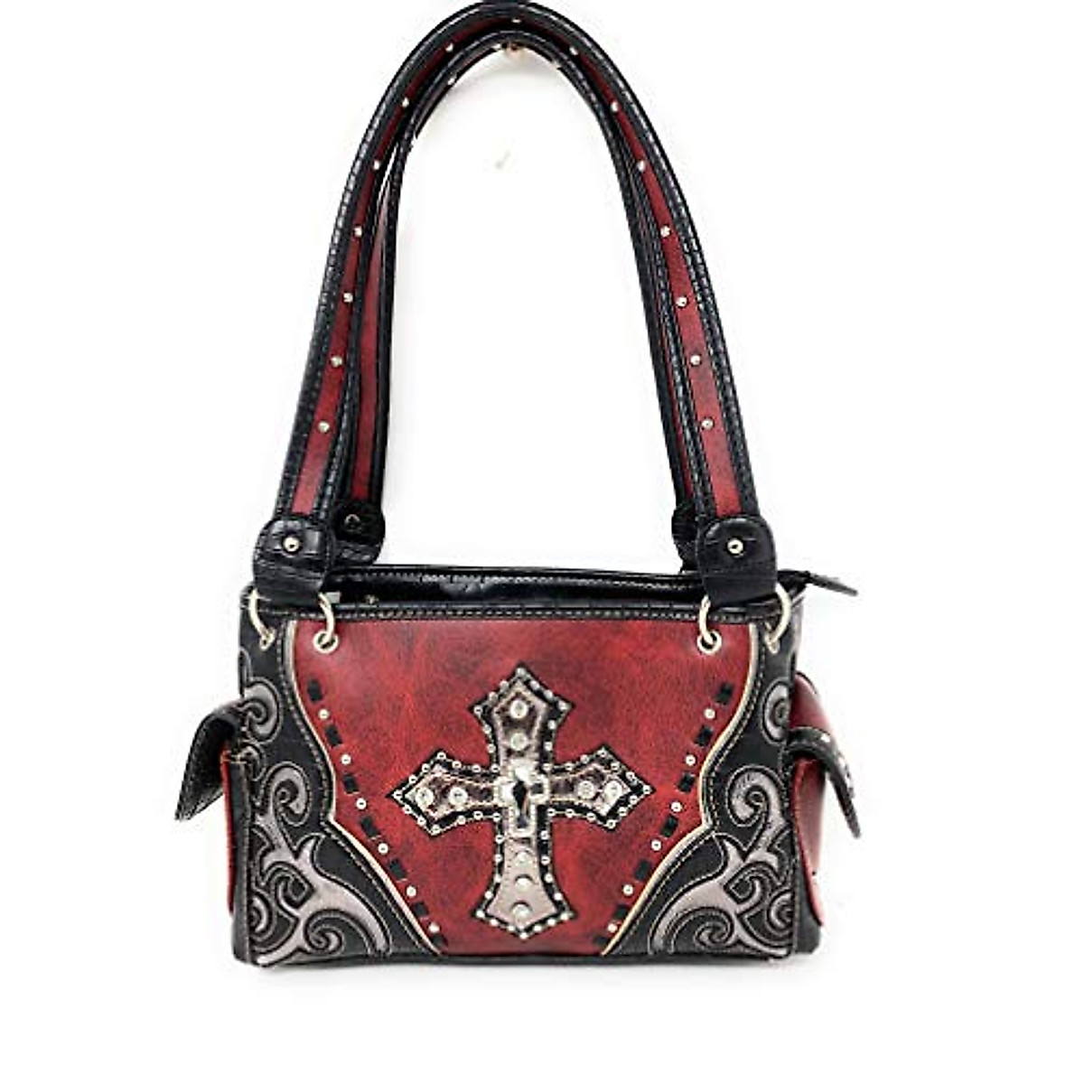 Premium Rhinestone Cross Cut Out Western Embroidered Womens Concealed Carry Handbag With Matching Wallet in 5 colors (Red)