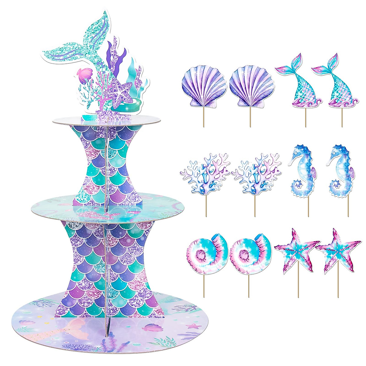 OPUHOHR 3 Tier Mermaid Cupcake Stand,Cupcake Tower with 12pcs Mermaid Theme Cake Topper, Dessert Tower Holder for Mermaid Theme Birthday Decoration Baby Shower Party Supplies