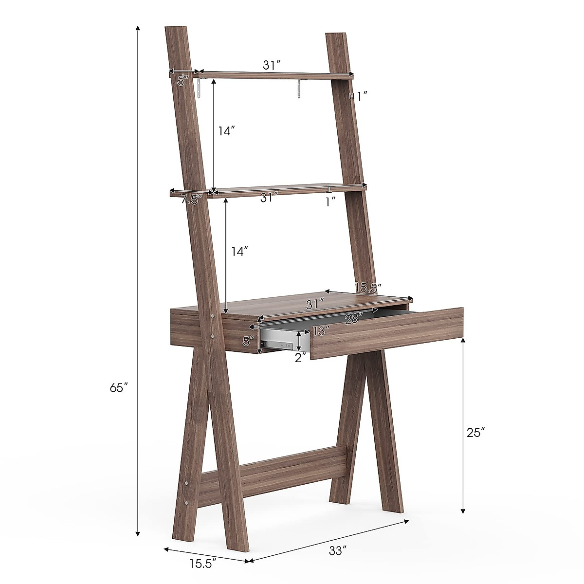 Giantex 3 Tier Ladder Desk with Drawer, 33" Width Walnut Ladder Shelf with Anti-Tipping Device, Freestanding Bookshelf, Leaning Computer Desk with Shelves for Small Space