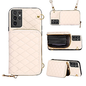 Furiet Detachable Crossbody Strap Wallet Case for Samsung Galaxy S21 Ultra 5G Zipper Purse, Multi Card Slots, PU Leather Stand Shockproof Cell Phone Cover for S21ultra 21S S 21 21ultra G5 Women Beige