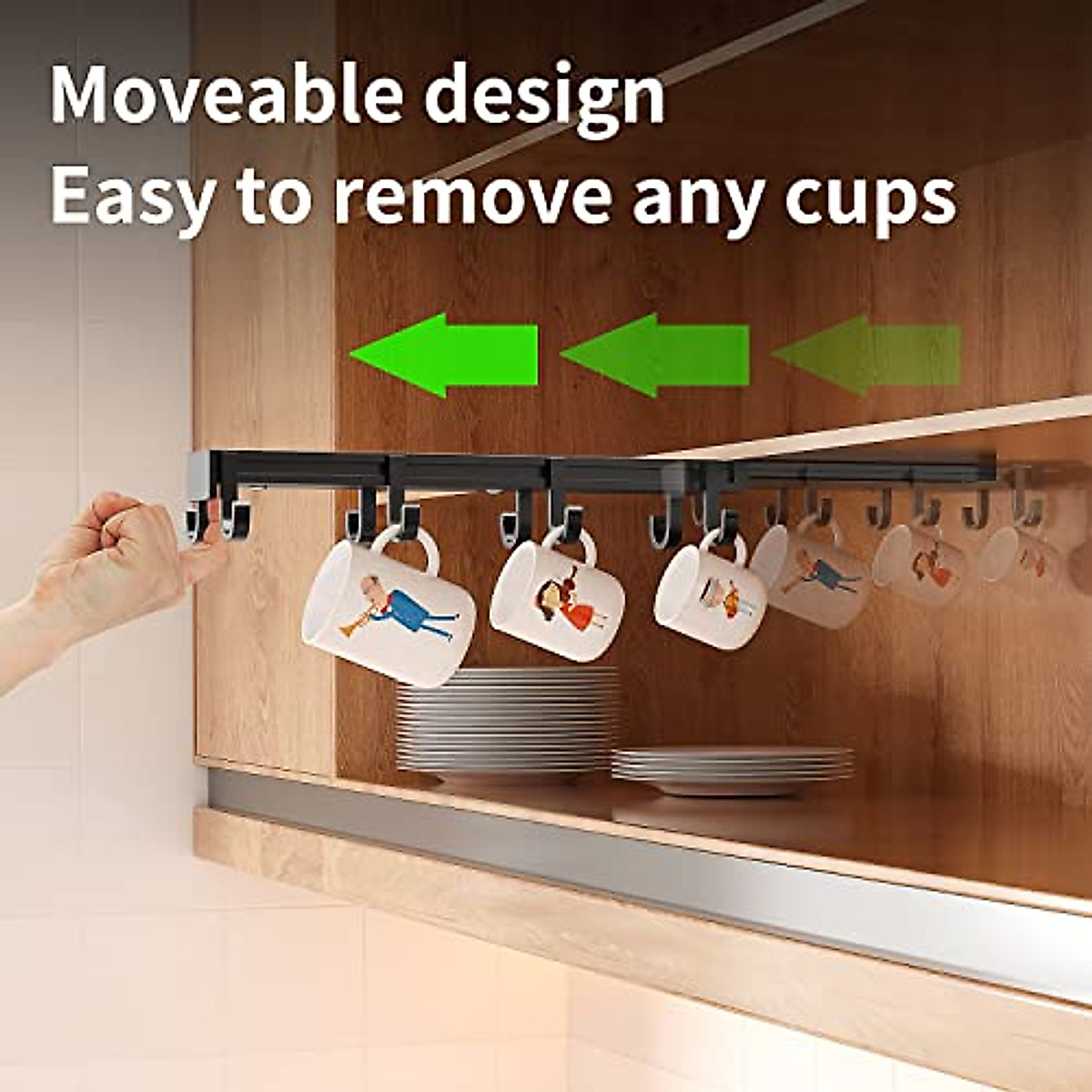 WSVILLE Scalable Mug Rack Under Cabinet - Coffee Mug Holder with 8 Mug Hooks, Convenient for Take Out Mug for Bar, Kitchen Dining Room, Coffee Bar (13.8 Inch)