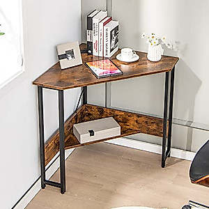 Tangkula Corner Desk with Power Outlet & USB Ports, Triangle Computer Desk with Charging Station, Storage Shelf, Space Saving Writing Desk, Vanity Table, Corner Desk for Small Space (Rustic Brown)
