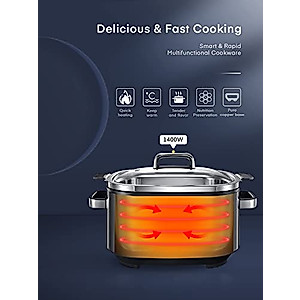 Slow Cooker, HOUSNAT 10 in 1 Programmable Cooker, 6Qt Stainless Steel, Rice Cooker, Yogurt Maker, Delay Start, Steaming Rack and Glass Lid, Adjustable Temp&Time for Slow Cook with Digital Timer