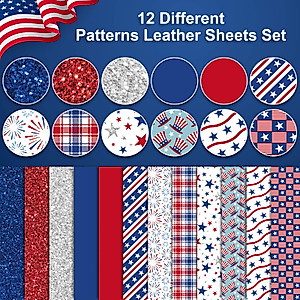 Whaline 4th of July Faux Leather Sheets 8 x 12 Inch Patriotic Synthetic Leather Fabric Glitter Red Blue Stars Stripes National Flag Faux Leather for Independence Day DIY Craft Earring Hair Bow, 12Pcs