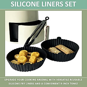 HOMETOPIA (Pack of 3) 2 Air Fryer Silicone Liners 8″&6.5″, 1 Tong, Nonstick & Reusable Baking Tray Oven Accessories, Replacement of Flammable Parchment Paper, Suitable for 3-5 QT Air Fryer (Black)