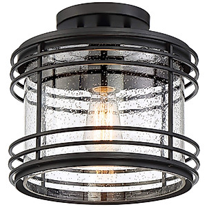 Possini Euro Design Mackie Modern Outdoor Semi Flush-Mount Ceiling Light Fixture Black Geometric 11" Clear Seedy Glass for Exterior House Porch Patio Outside Deck Garage Front Door Garden Home