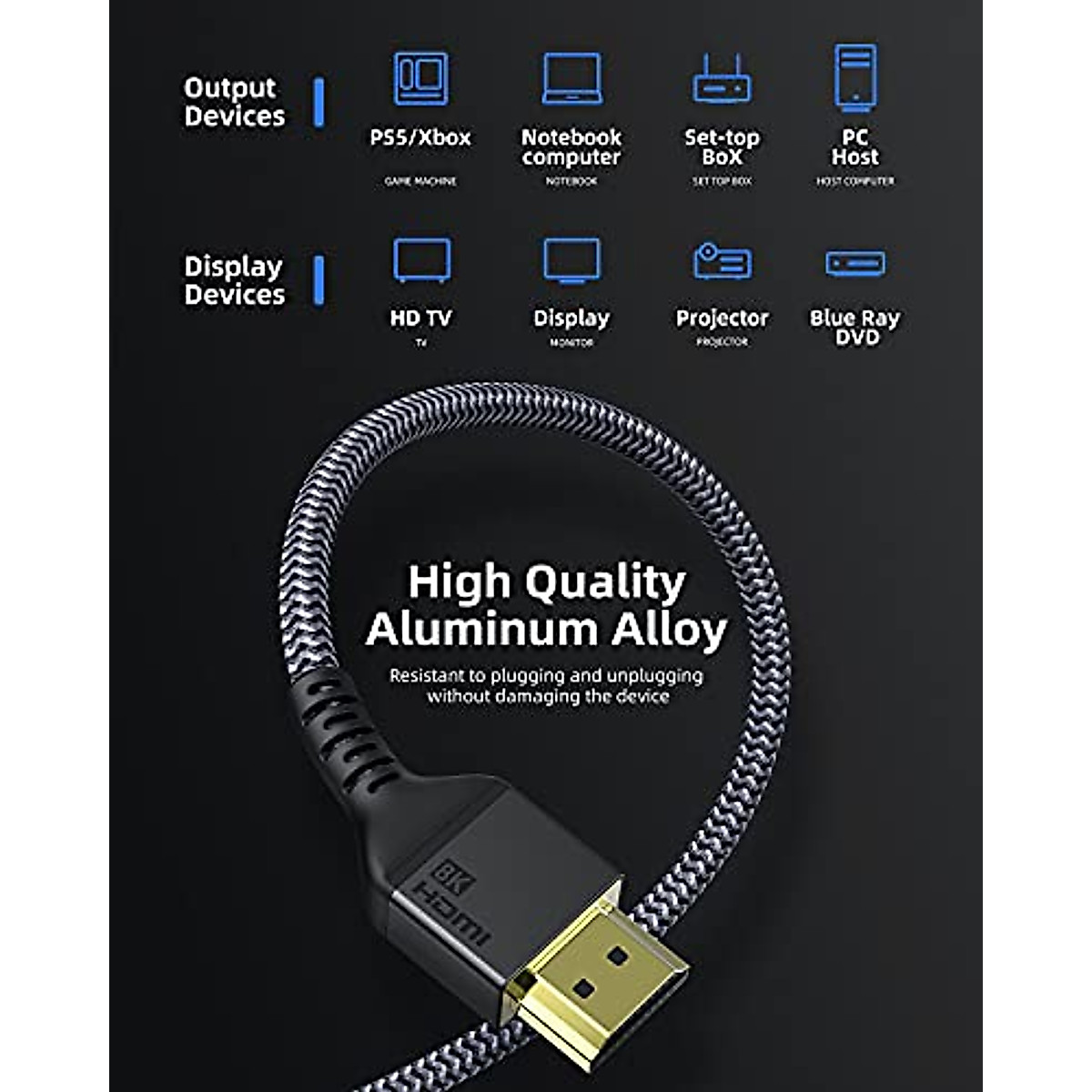 Maxonar 8K HDMI Cables 10FT, [Certified] Ultra High Speed HDMI 2.1 Cable, 8K60Hz 4K120Hz 144Hz, 48Gbps HDCP 2.2&2.3 eARC Dynamic HDR Dolby for PS5, Xbox Series X, Apple TV 4K, Roku/Samsung/Sony TV