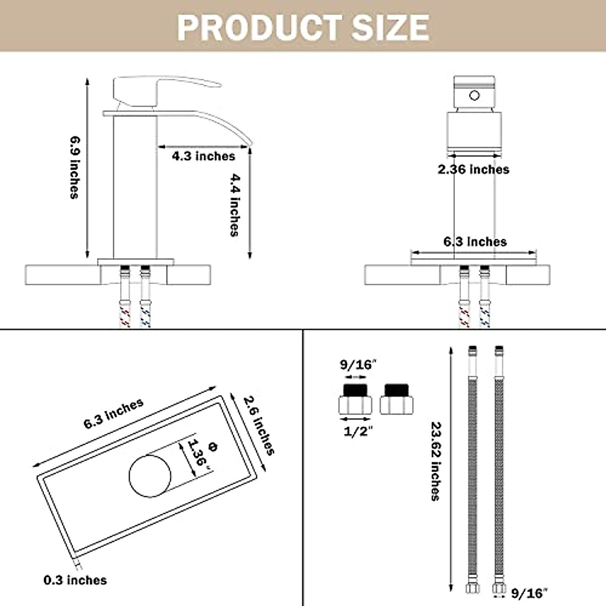 DJS Waterfall Single Handle Modern Bathroom Faucet, Brushed Nickel, 1 or 3 Hole Bathroom Sink Faucet Mixer Tap Washbasin, Faucet with Deck, Pop-up Drain and Supply Hoses