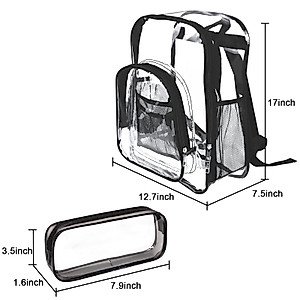 KingBig Clear Backpack Stadium Approved Heavy Duty PVC Bookbag Transparent School Bag with Clear Zipper Pen Pencil Case for School,Sports,Work,Stadium,Security Travel,College.