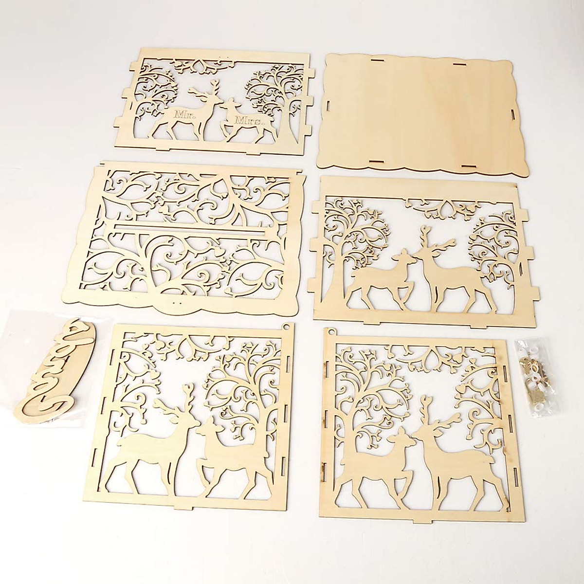 Amosfun Wooden Vinatge Wedding Card Box DIY Rustic Hollow Wedding Box with Lock Key and Rubber Card Box for Party Wedding Decorations for Reception(1 Key 12 Rubber Rings, Large Size)