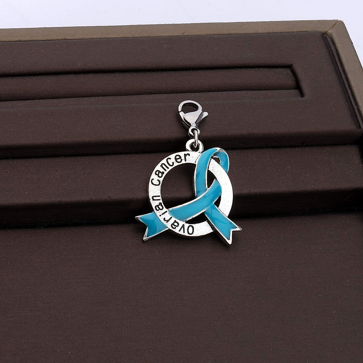 CENWA Ovarian Cancer Gift Ovarian Cancer Awareness Teal Ribbon Clip-on Charm/Necklace Ovarian Cancer Support Jewelry (Ovarian Cancer Clip-on Charm)