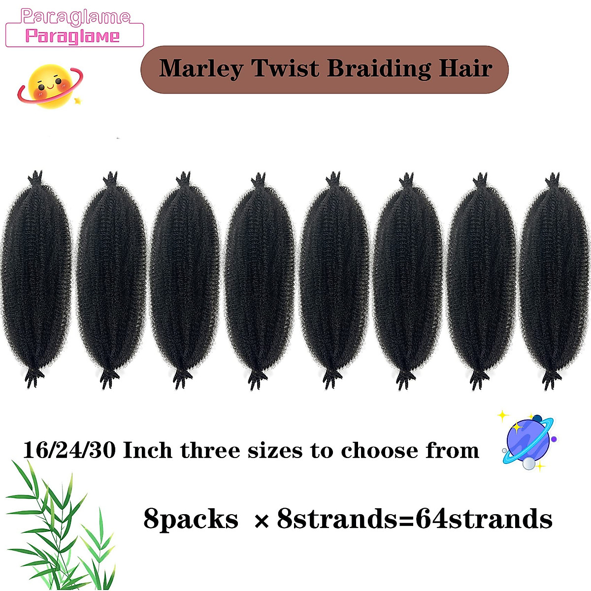 Paraglame 16 Inch Marley Twist Braiding Hair 8 packs Pre-Separated Springy Afro Twist Hair Extension Kinky Afro Twist Crochet Hair Braids Natural Black Spring Twist for Women (16 Inch, 1B)