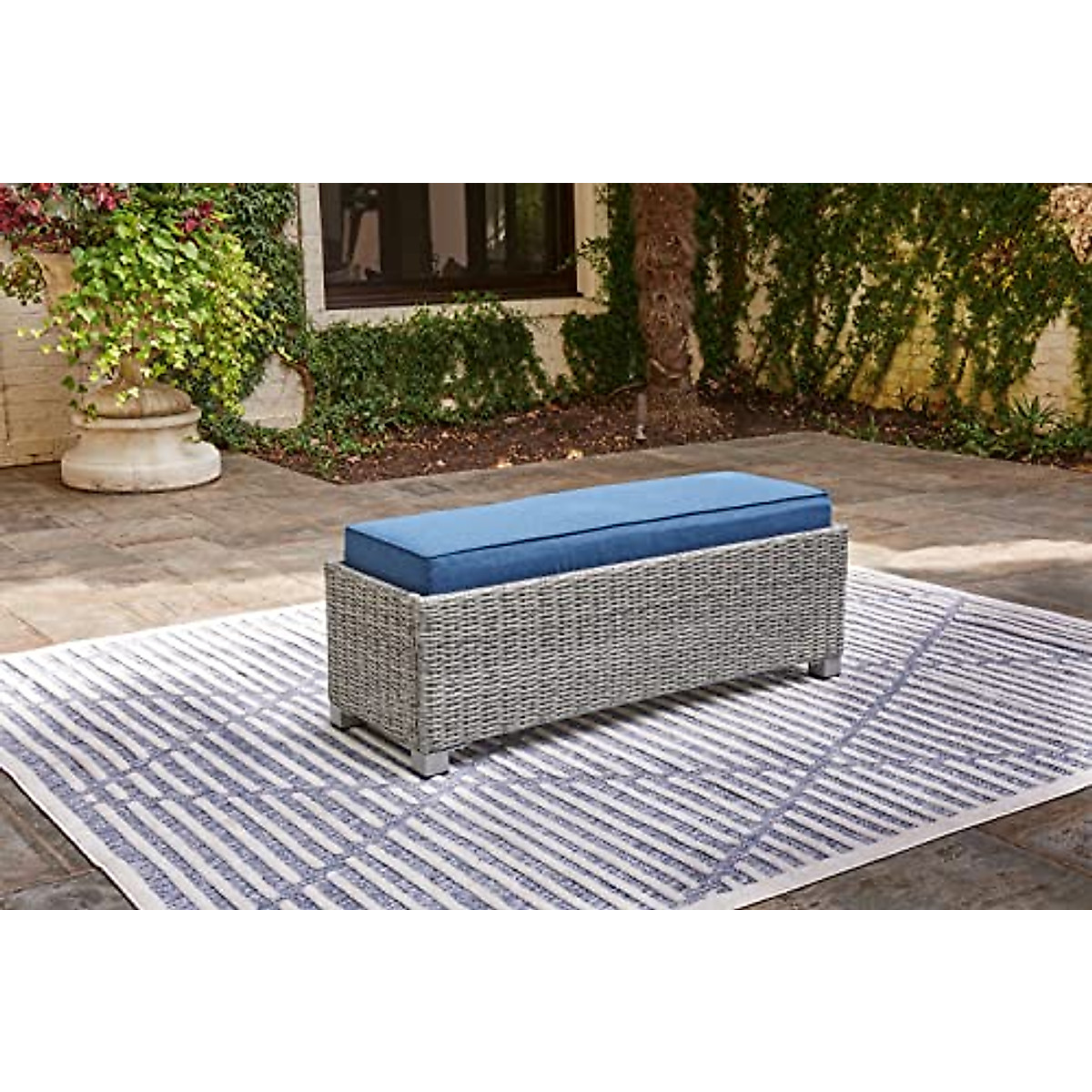 Signature Design by Ashley Naples Beach Casual Outdoor Bench with Cushion, Light Gray & Blue