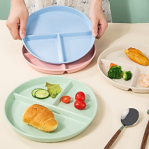 YBOBK HOME Portion Control Plate For Adults Weight Loss, Round Bariatric Portion Control Plate, Reusable Wheat Straw Divided Plate With 3 Compartments, Dishwasher & Microwave Safe (4 Pcs)