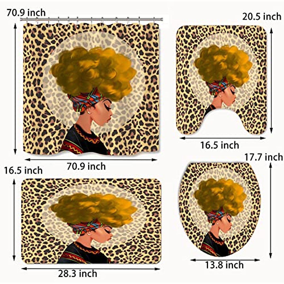 Traditional African American Woman Character Shower Curtain Sets, 4PCS Set for Bathroom Decor-1 HD Pattern Printing Shower Curtain & 3 Non-Slip Toilet Rugs and Lid Cover (Violet)