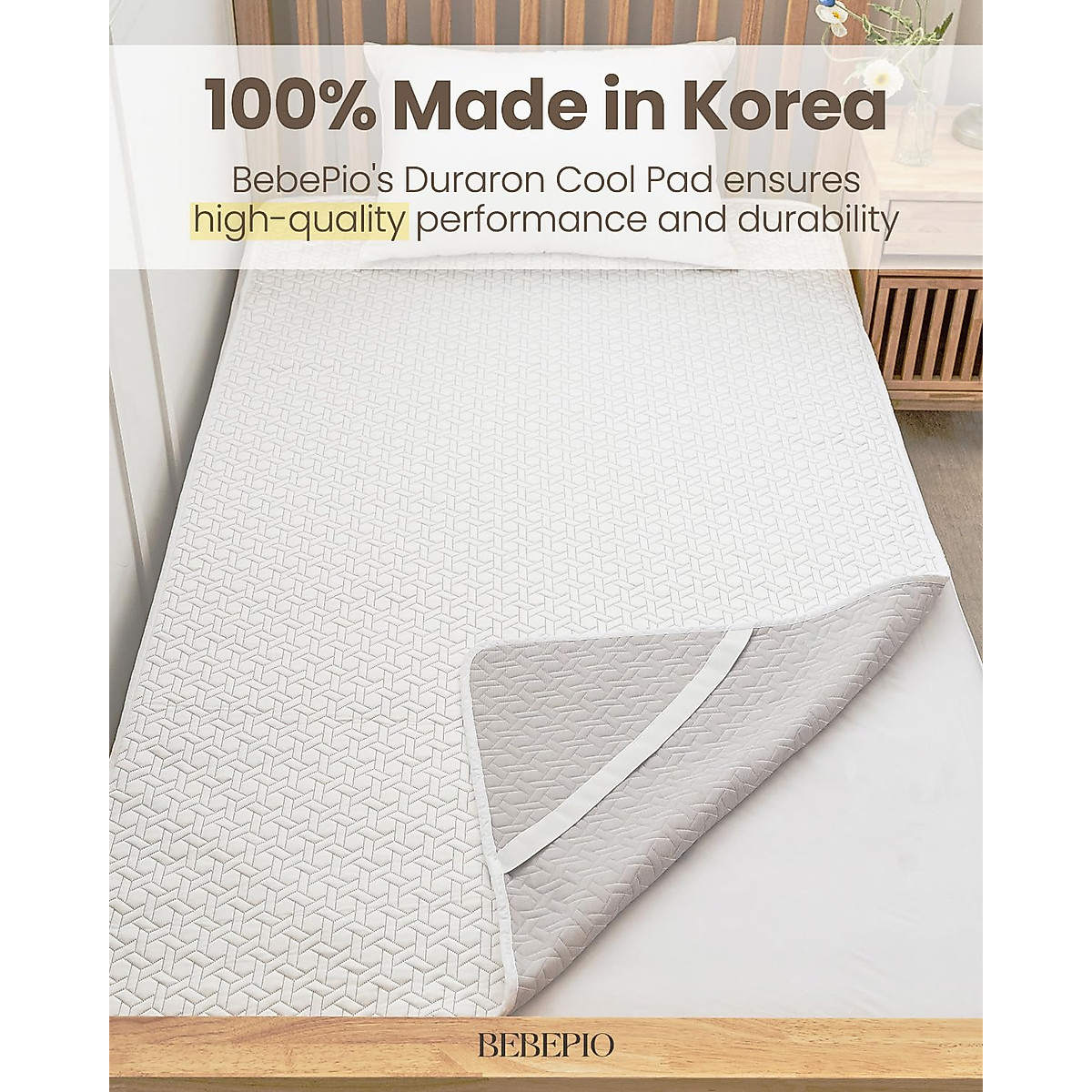 BebePio Duraron Cooling Mattress Topper Pad – Q-max 0.4 Chilling Effect Summer Blanket for Hot Sleepers & Babies – Quick Dry, Breathable, Cool Bed Throw (White, Grey), Mini