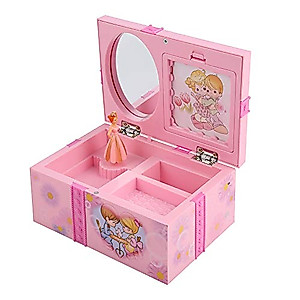 JAWL Music Box, Cartoon Jewelry Storage Case Plastic Dancing Princess Music Box Miniature 360 Degree Rotary Square Jewelry Box with Mirror Children Toy Gift for Little Girls, Pink