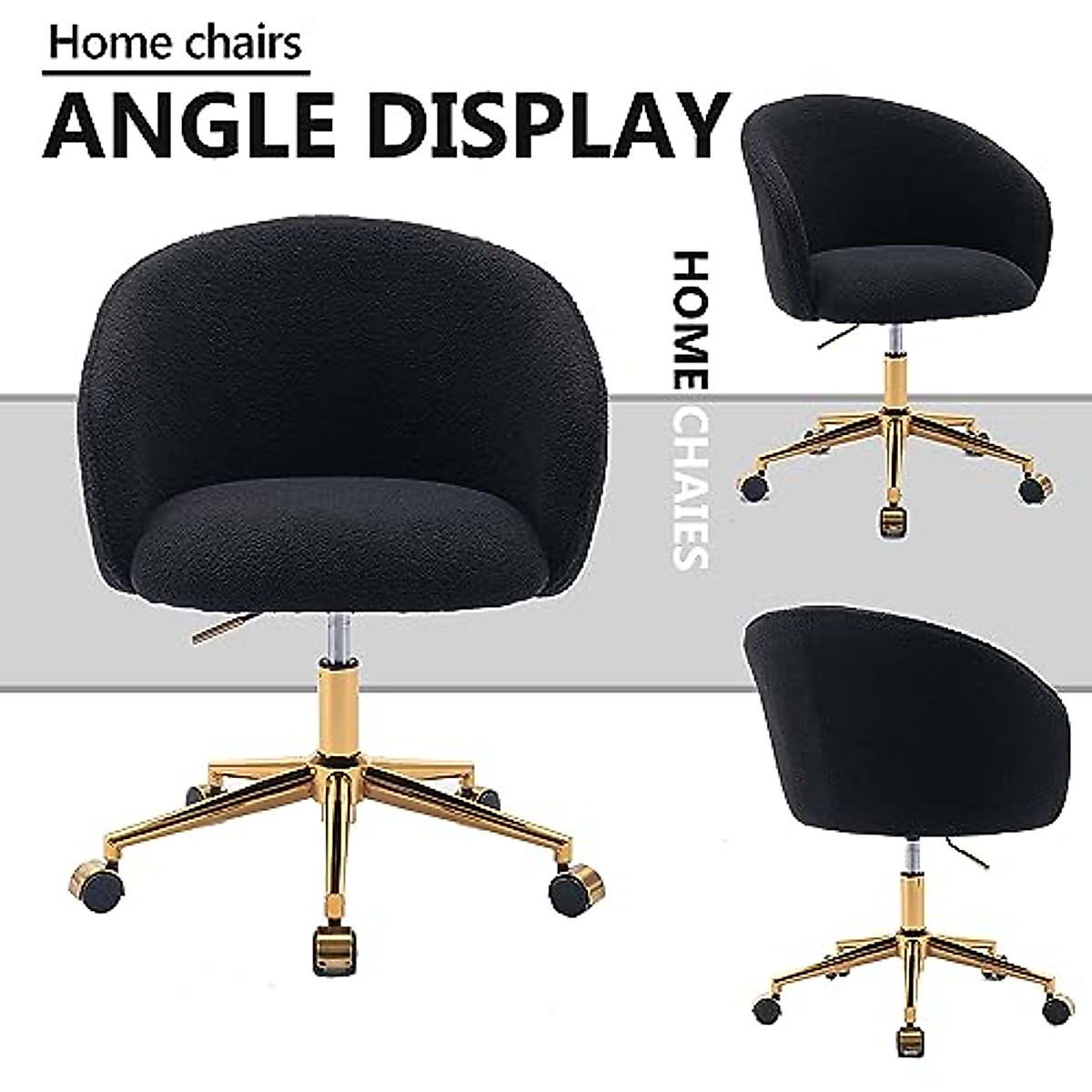 HomVent Modern Faux Fur Home Office Chair, Furry Cute Desk Chair with Gold Metal Leg, Ergonomic Adjustable Swivel Desk Chair with Wheels, Makeup Vanity Chair for Girls Women Study Makeup Bedroom Black