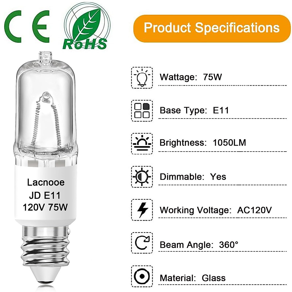 E11 Bulb, JDE11 120V 75W Halogen Light Bulbs, T4 E11 Mini Candelabra Base, Dimmable 2700K Warm White, 4PCS E11 Light Bulb for Chandeliers, Candelabra, Ceiling Fan, Table Lamps, Cabinet Lighting
