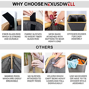 Nexusdwell 150L Large Laundry Hamper 2 Section with Removable Bags & Bamboo Handles- Sturdy Double laundry Basket with Lid and Divider- Grey Dual Laundry Hampers for Bedroom-Double Hamper