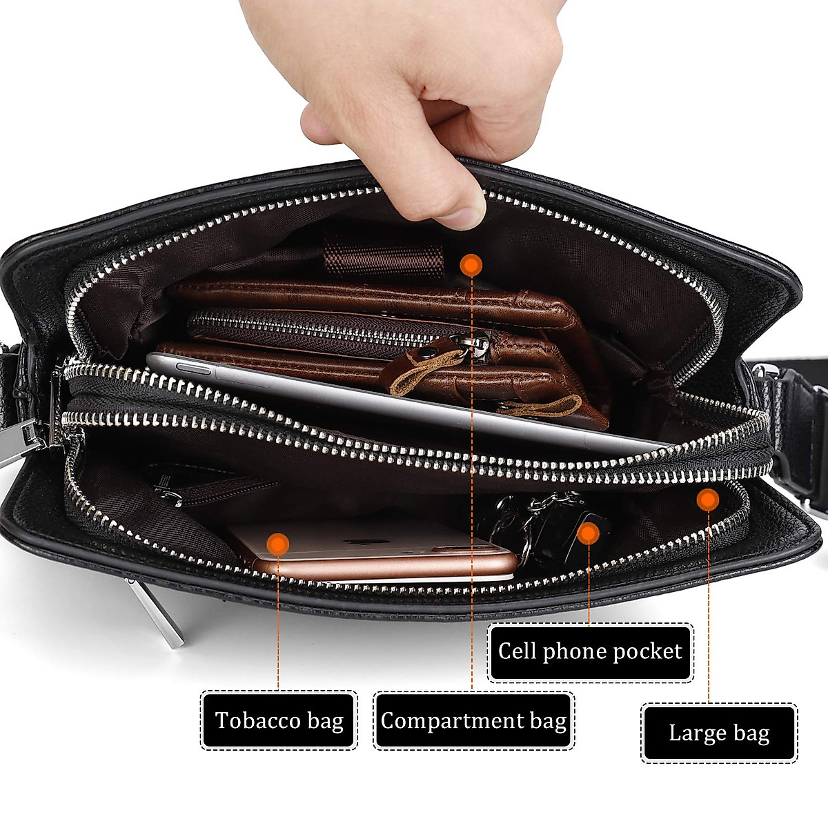 YumSur Mens Shoulder Bag, Leather Messenger Handbag Crossbody Bag for Men Purse iPad Bag for Business Office Work School with Adjustable Strap Black