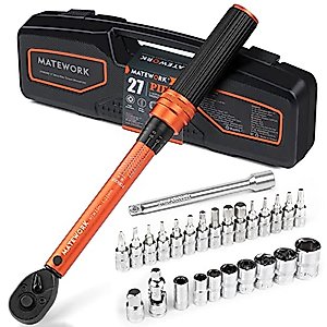 1/4 Inch Drive Click Torque Wrench, 27 PCS Bike Torque Wrench Set Double Scale (1-25Nm/8.9-221.3lb.in), 0.1Nm High Precision with Bit Sockets, 3/8 Adapter, Extension Bar, for Bicycle Maintenance