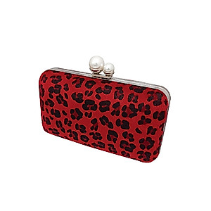 Plush Evening Bag for Women Stylish Leopard Print Handbag Pearl Chain Purse for Party Prom Red