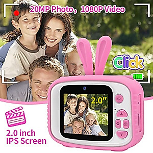 YUE3000 Upgrade Kids Camera, Front and Rear Camera Digital Cameras, 2.0 -inch Screen 32GB SD Card-Pink